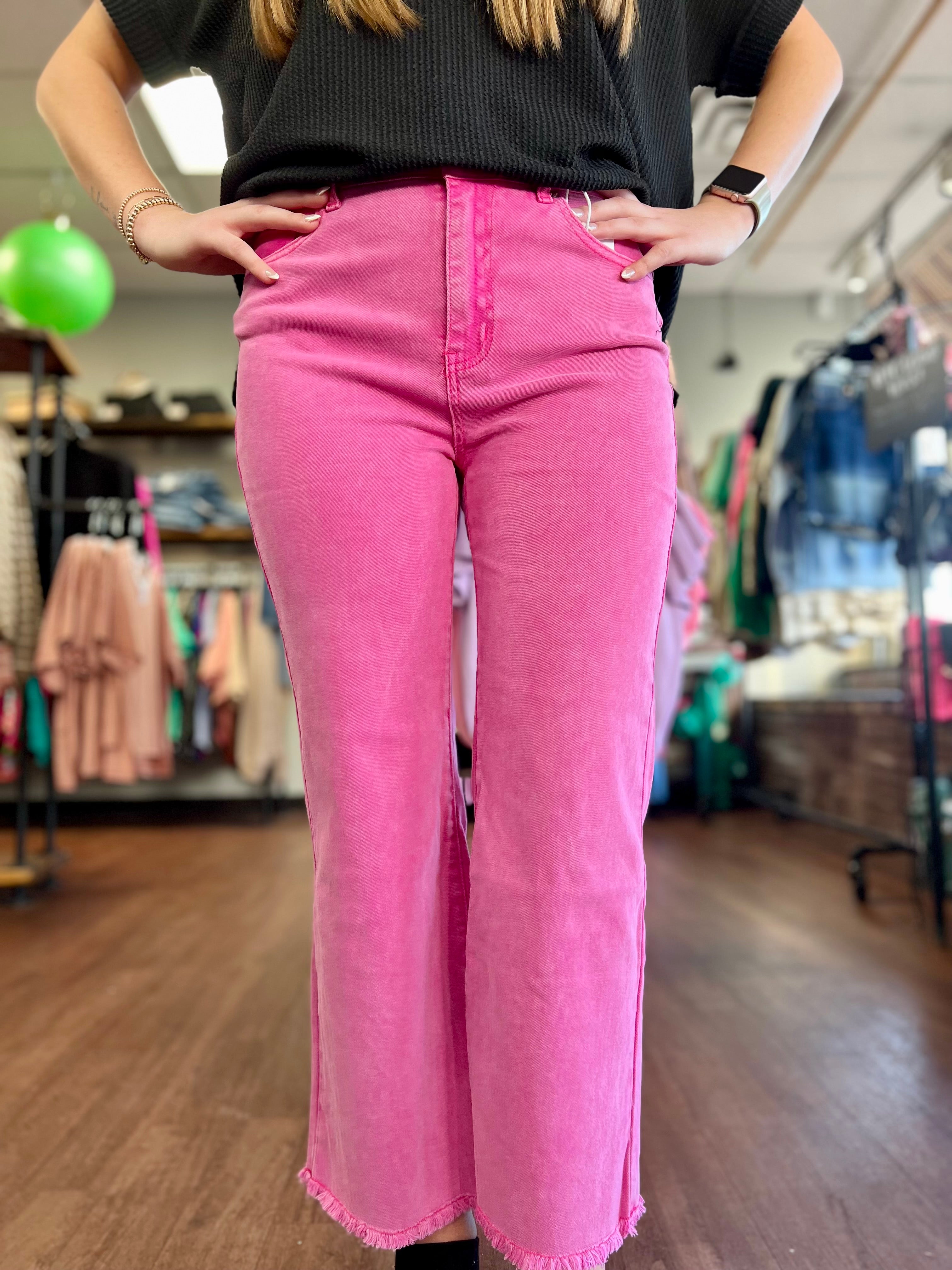 Ally Acid Washed High Waist Frayed Hem Flare Crop Pants – Bass Trading ...